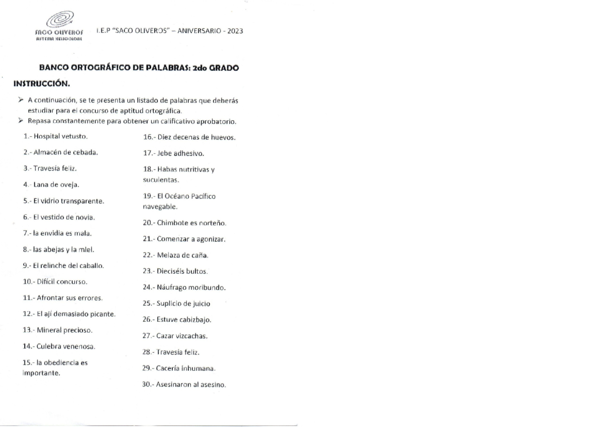Banco Ortográfico de Palabras para 2do Grado - Concurso de Aptitud ...