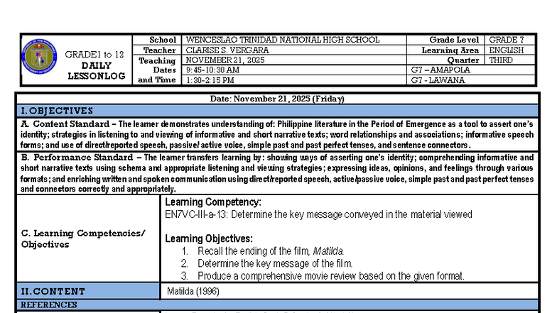 G7 English Lesson Plan: Matilda Movie Review (Nov 21, 2025) - Studocu