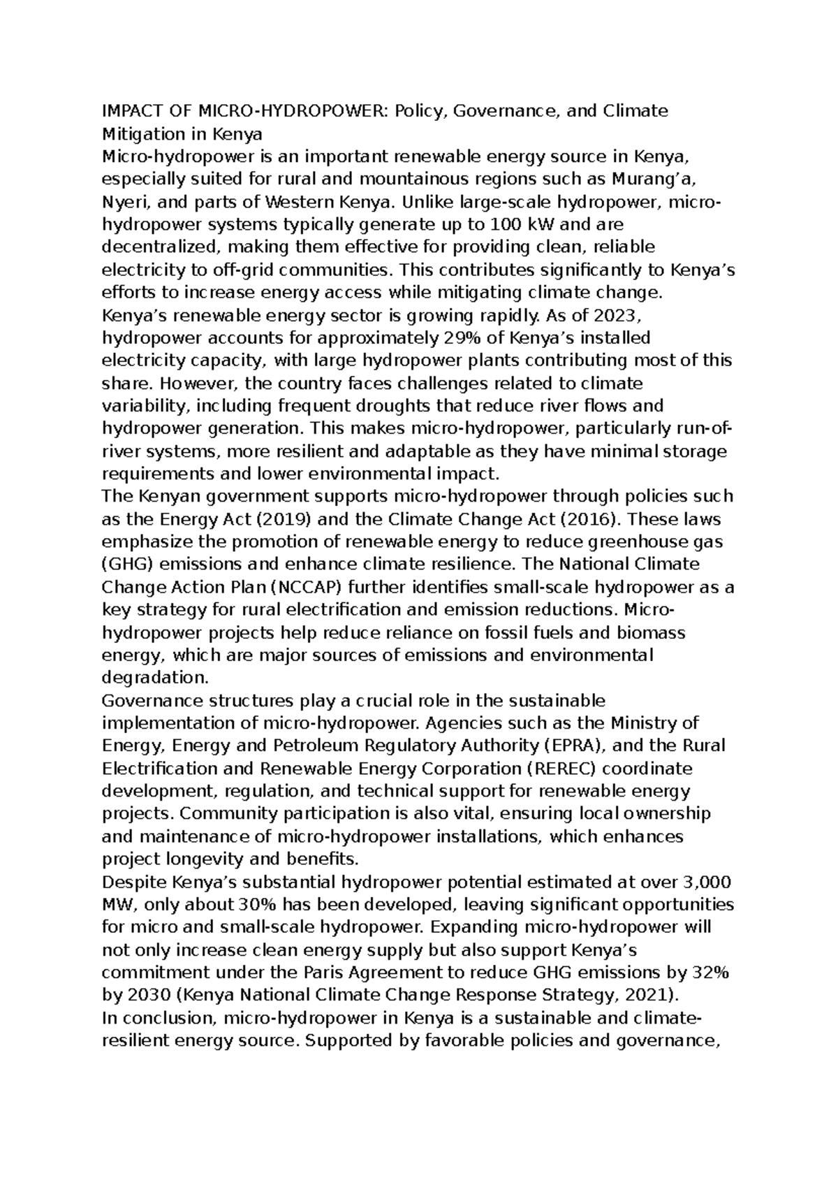 Micro hydro power - summary - IMPACT OF MICRO-HYDROPOWER: Policy ...