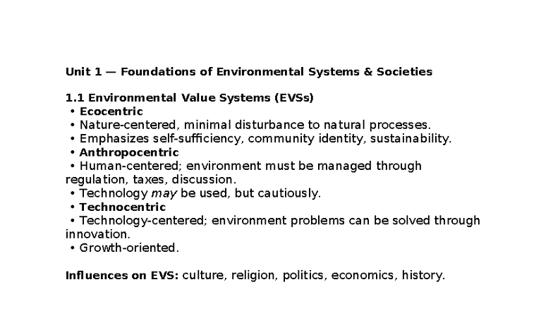 Unit 1 & 2 Environmental Systems & Societies Notes for Paper 1 & 2 ...