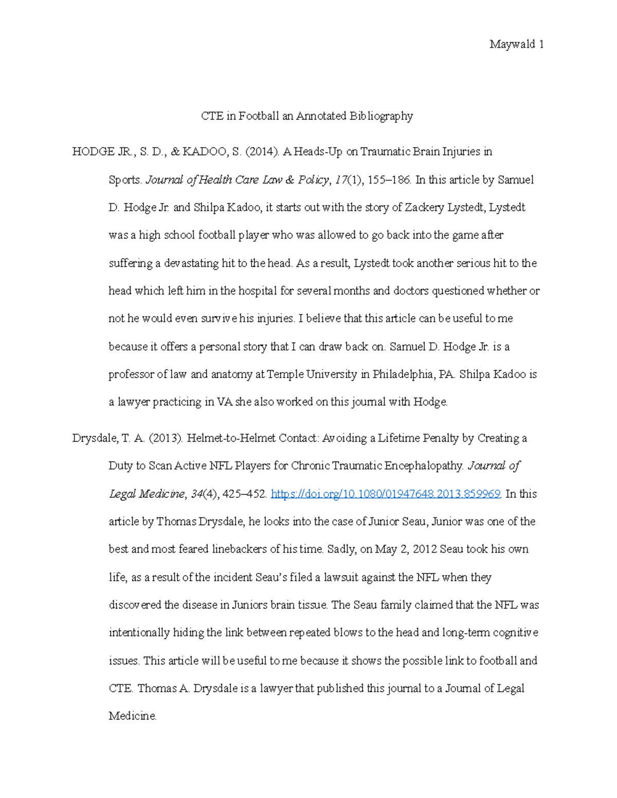Annotated bib - passed - Maywald 1 CTE in Football an Annotated ...
