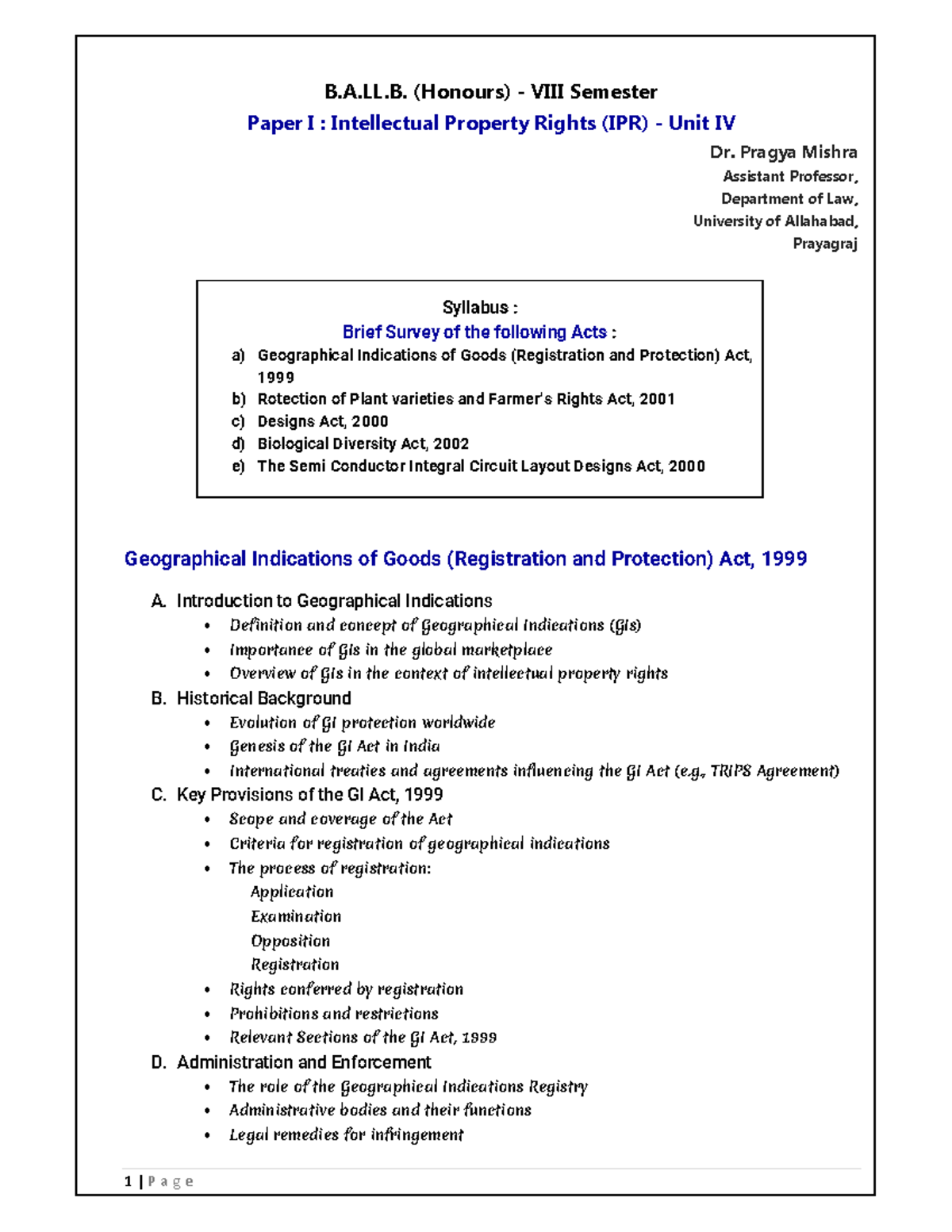 Geographical Indications Detailed Study - IPR- Paper I - B.A.LL. 8th ...