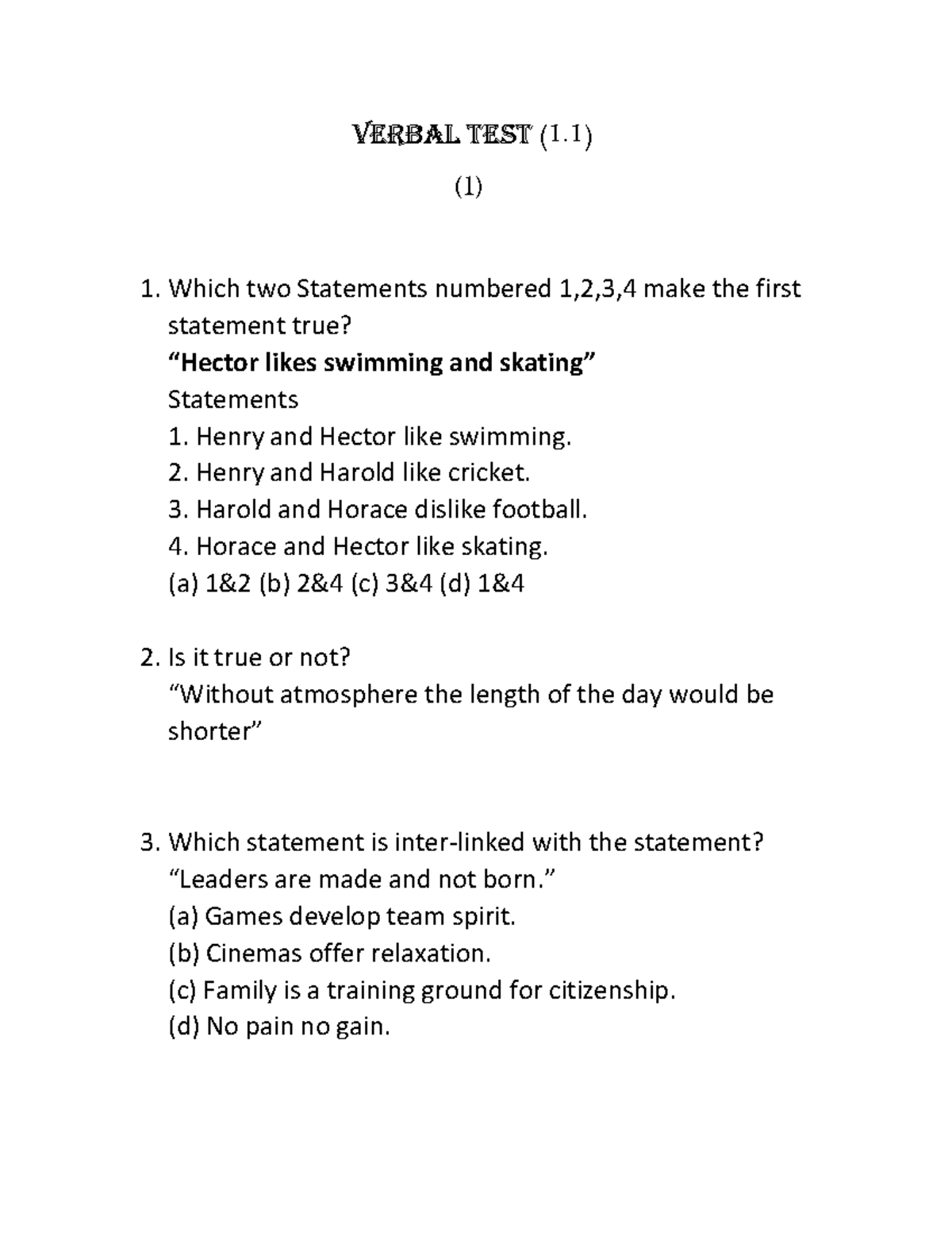 Verbal Test (1.1) - Logical Reasoning and Statement Analysis - Studocu