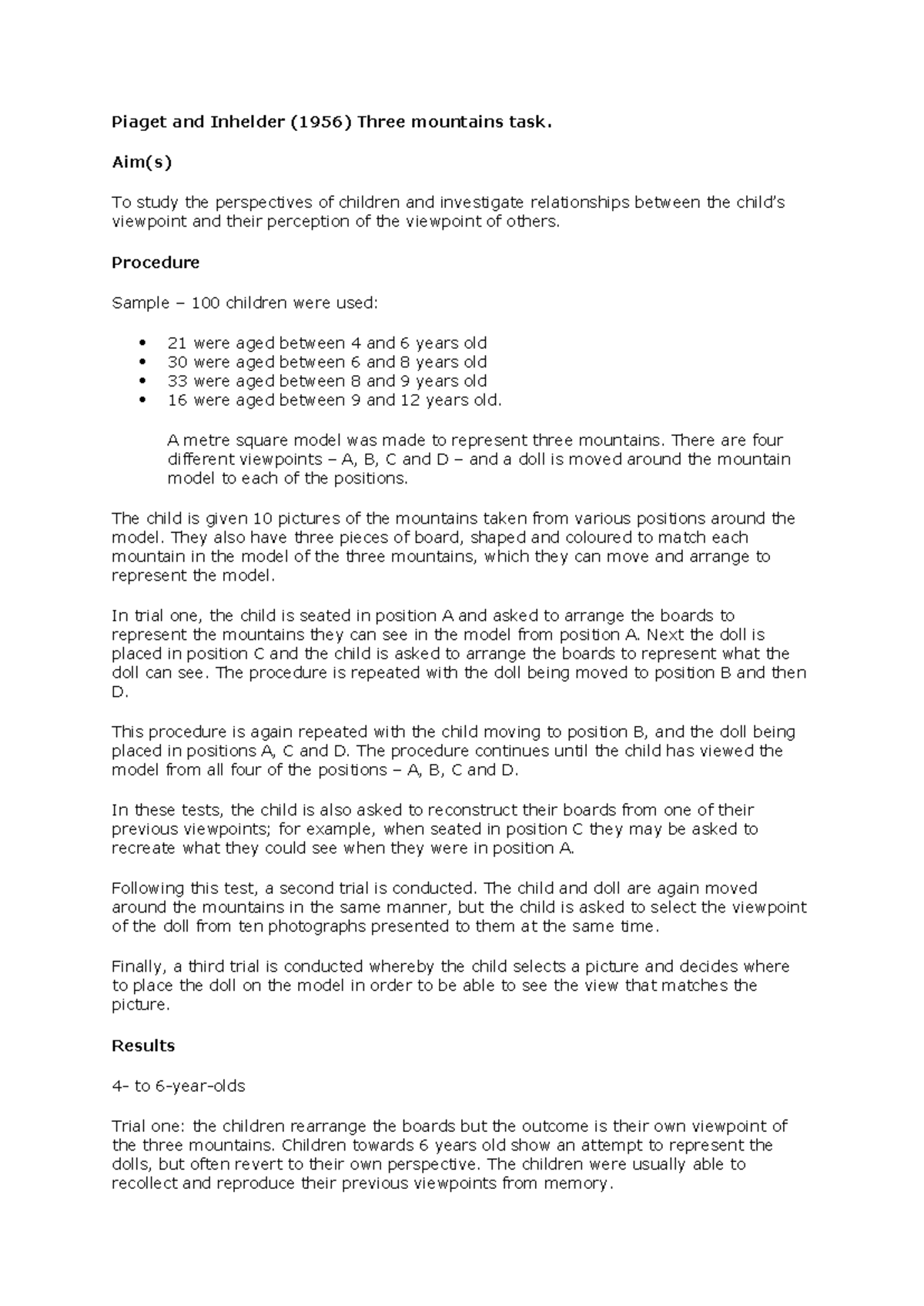 Piaget's Three Mountains Task: Understanding Child Perspectives - Studocu