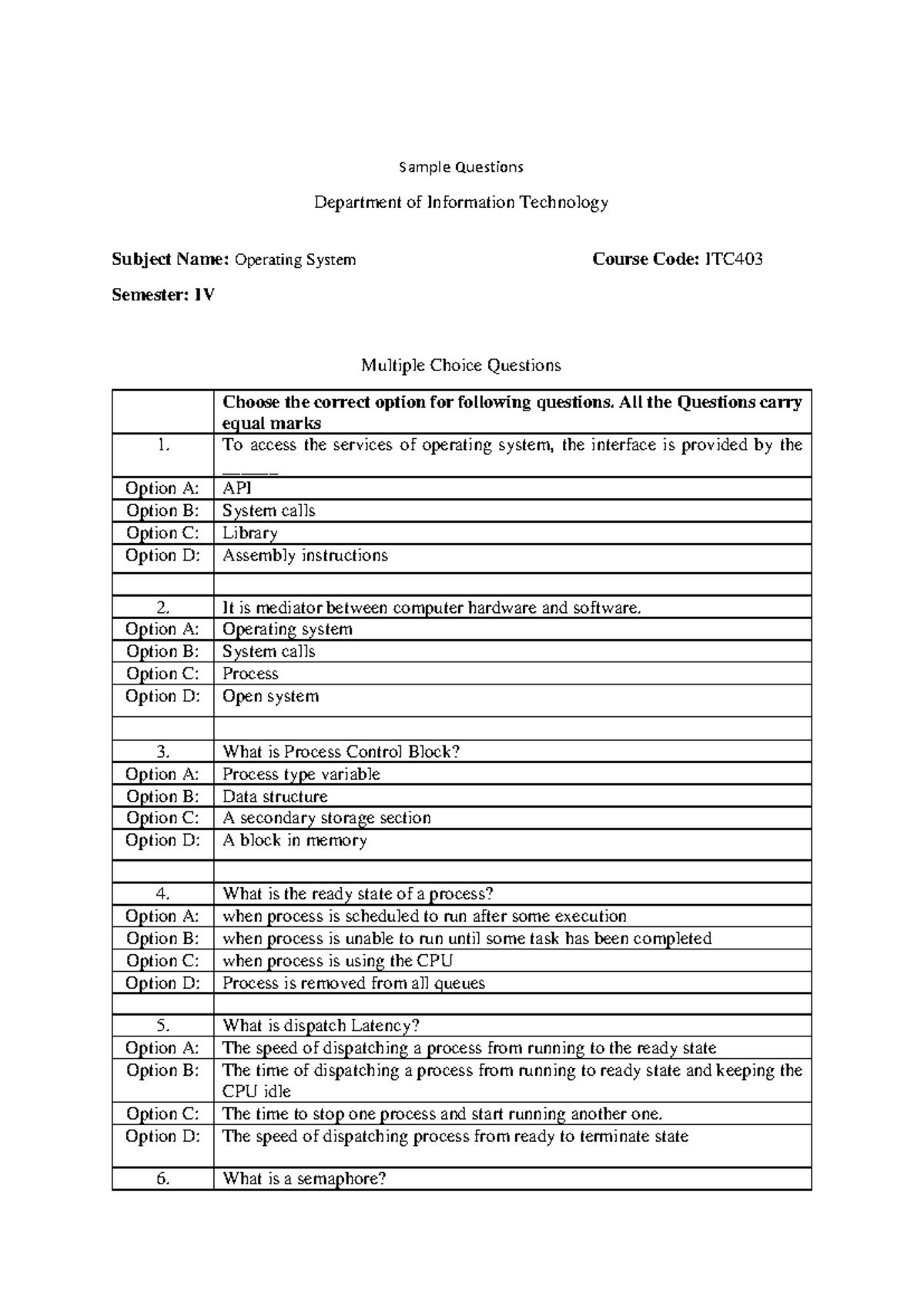 ITC Sem IV Operating Systems Sample Questions for Exam Prep - Studocu