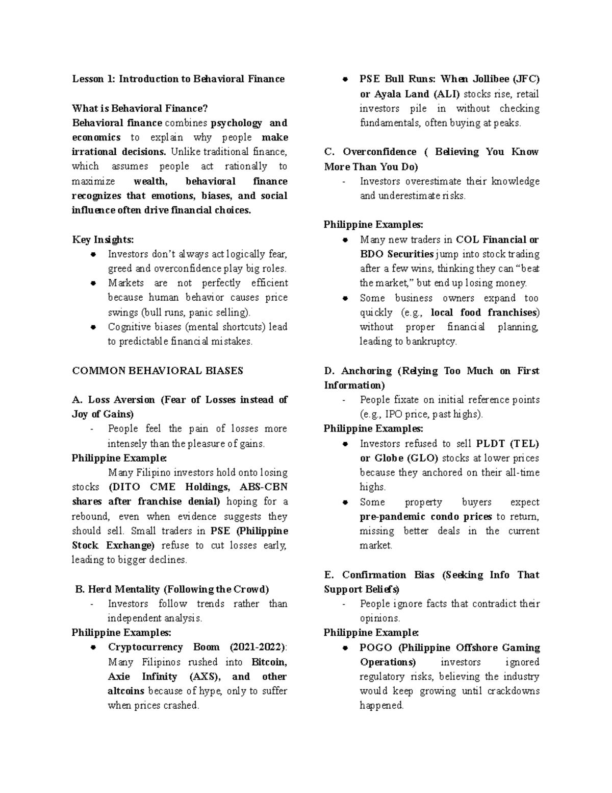 Behavioral Finance Reviewer for Midterms: Key Concepts and Insights ...