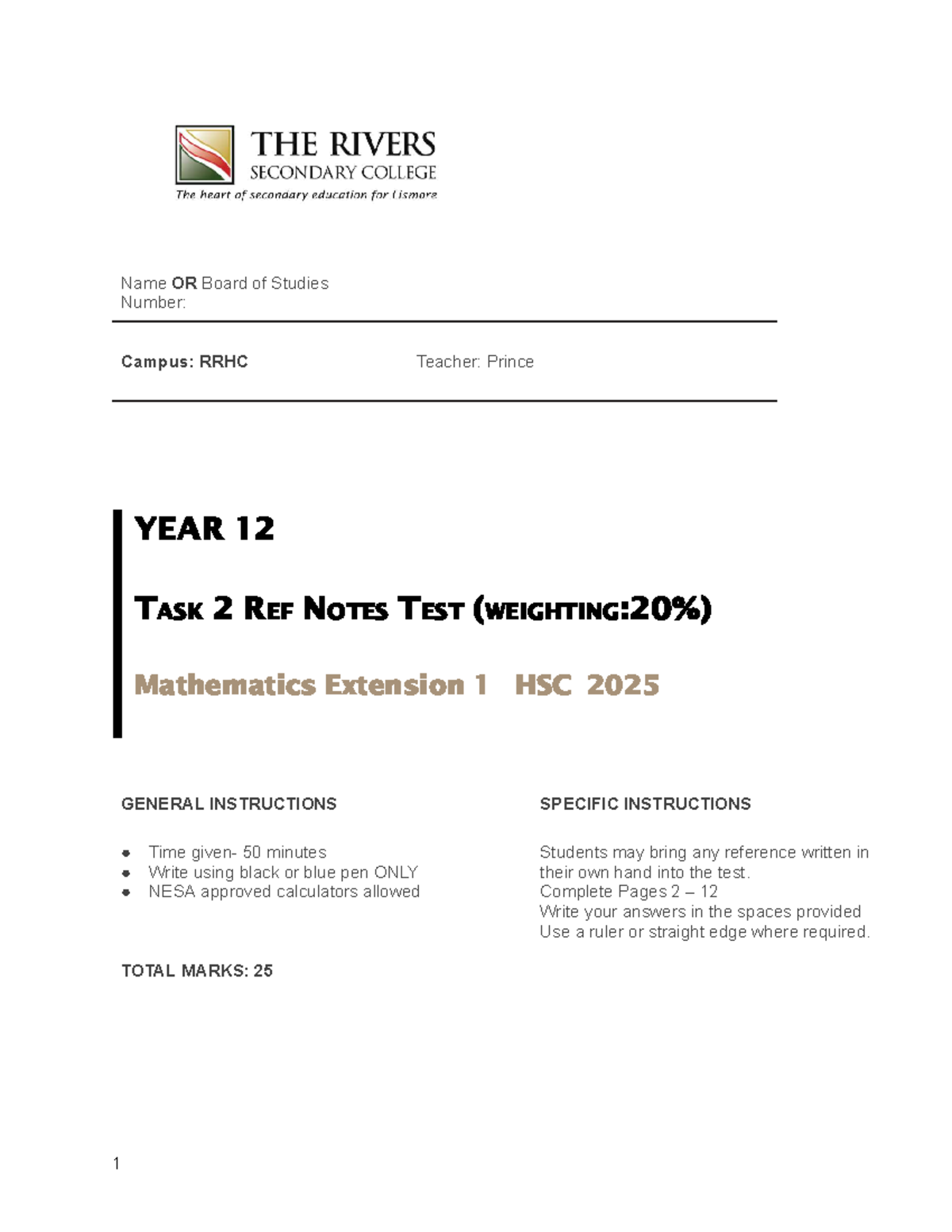 Mathematics Extension 1 HSC 2025 Task 2 Reference Notes Test - Studocu