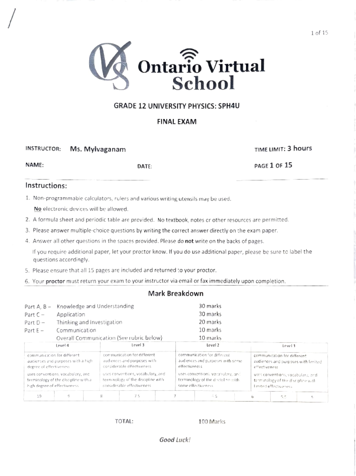 OVS SPH4U Physics Final Exam Instructions by Ms. Mylvaganam - Studocu