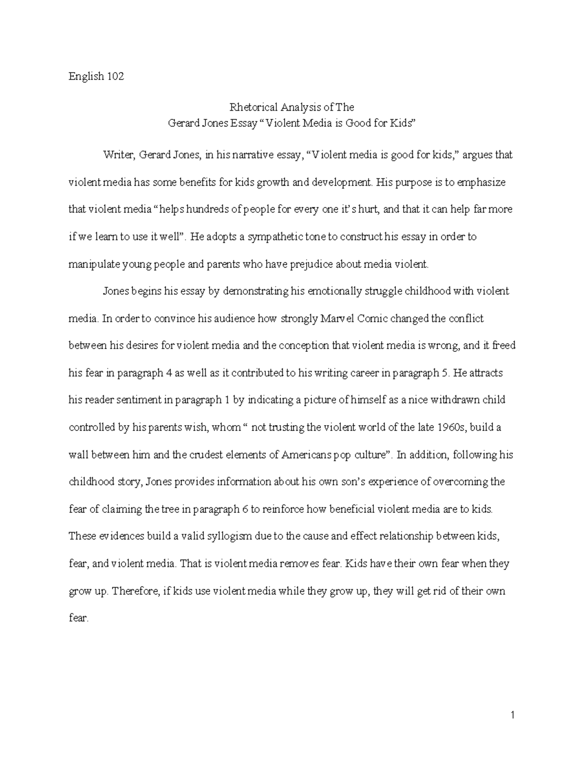 English 102 Rhetorical Analysis of Gerard Jones' Essay on Violent Media ...