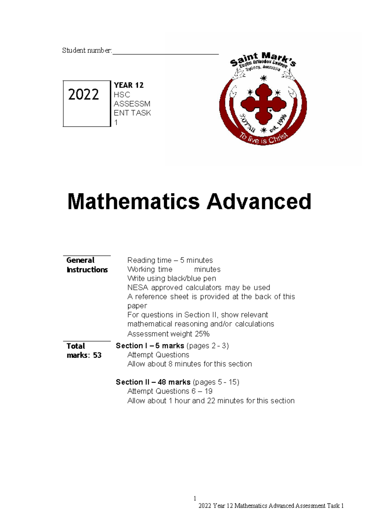 2022 Yr 12 HSC Mathematics Advanced Task 1 Final Exam Guide - Studocu