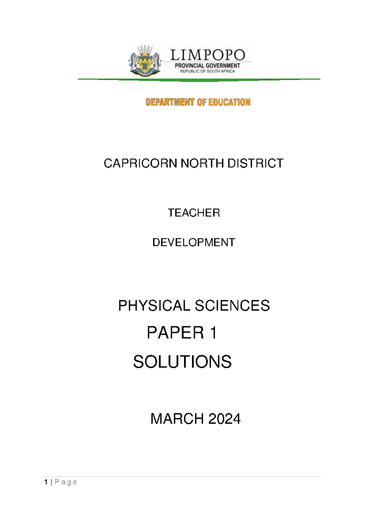 CAPRICORN PHYSICAL SCIENCES PAPER 1 SOLUTIONS MARCH 2024 - Studocu