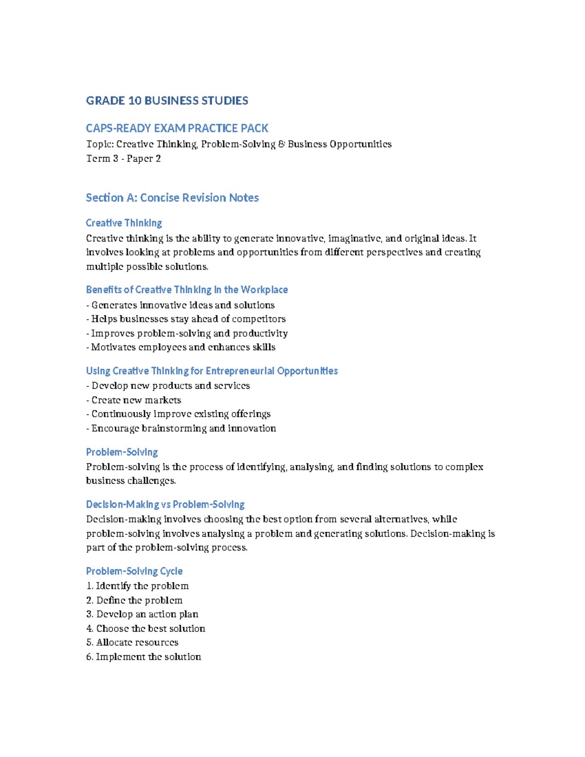 G10 Business Studies Term 3 Exam Practice: Creative Thinking ...