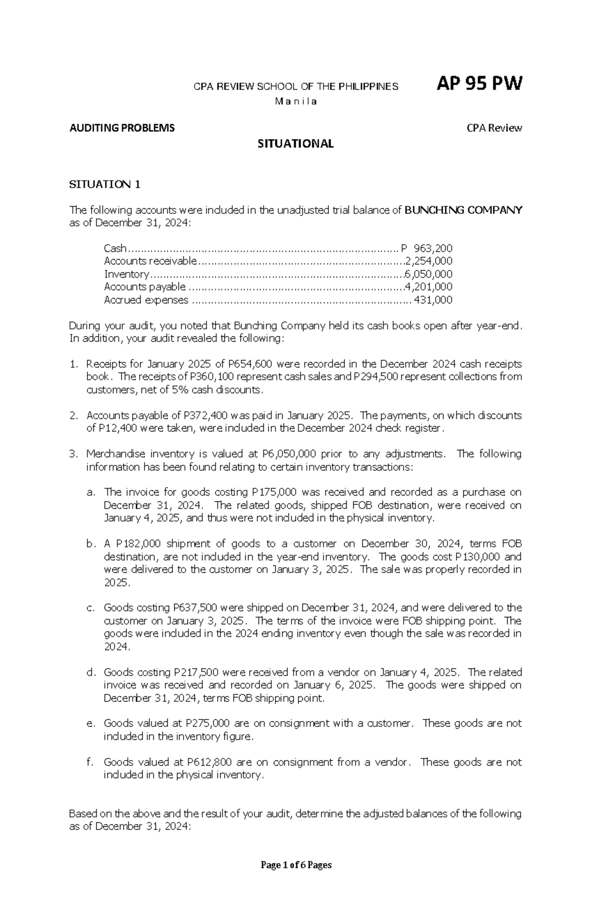 CPAR 95 AP Preweek - Auditing Problems Practice Material - Studocu