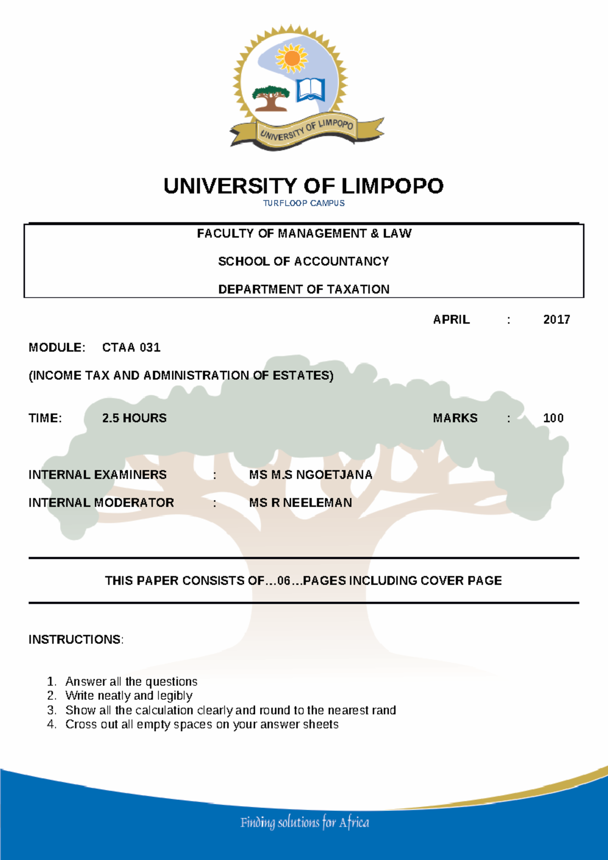 CTAA031 April 2017 - UNIVERSITY OF LIMPOPO TURFLOOP CAMPUS FACULTY OF ...