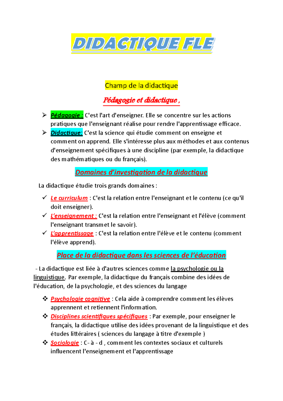 Didactique et Pédagogie en FLE - Concepts et Approches - Studocu