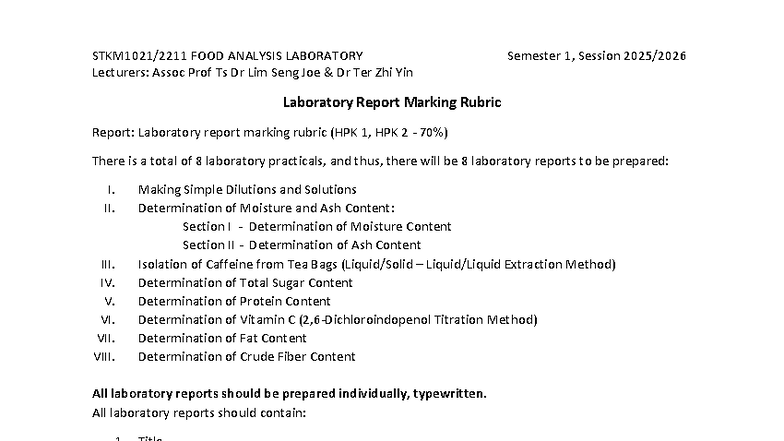 STKM1021 2211 Food Analysis Lab Report Marking Rubric - Studocu