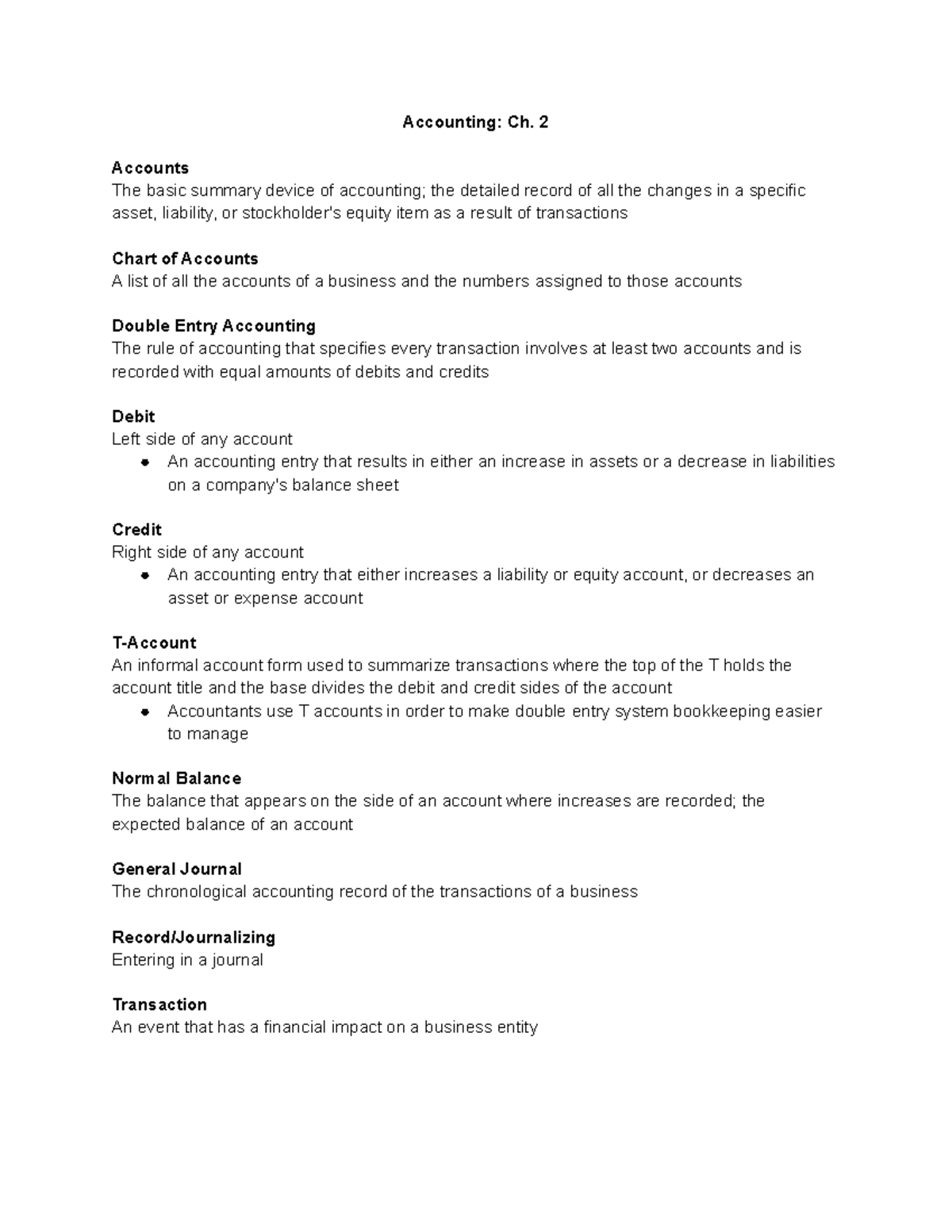 Accounting Ch. 2 - Lecture notes 2 - Accounting: Ch. 2 Accounts The ...