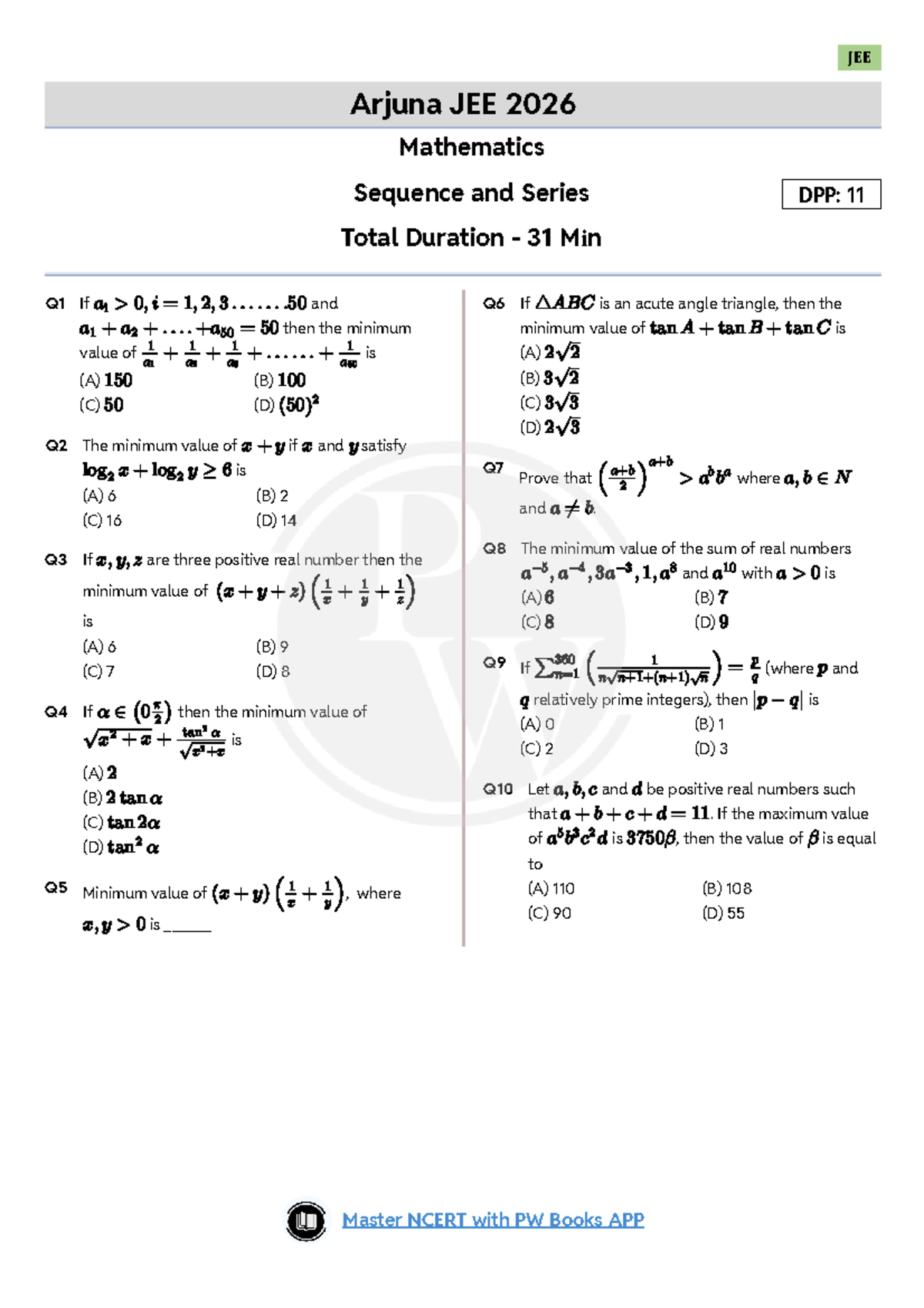 JEE 2026 Mathematics Sequence and Series DPP 11 - Key Problems - Studocu