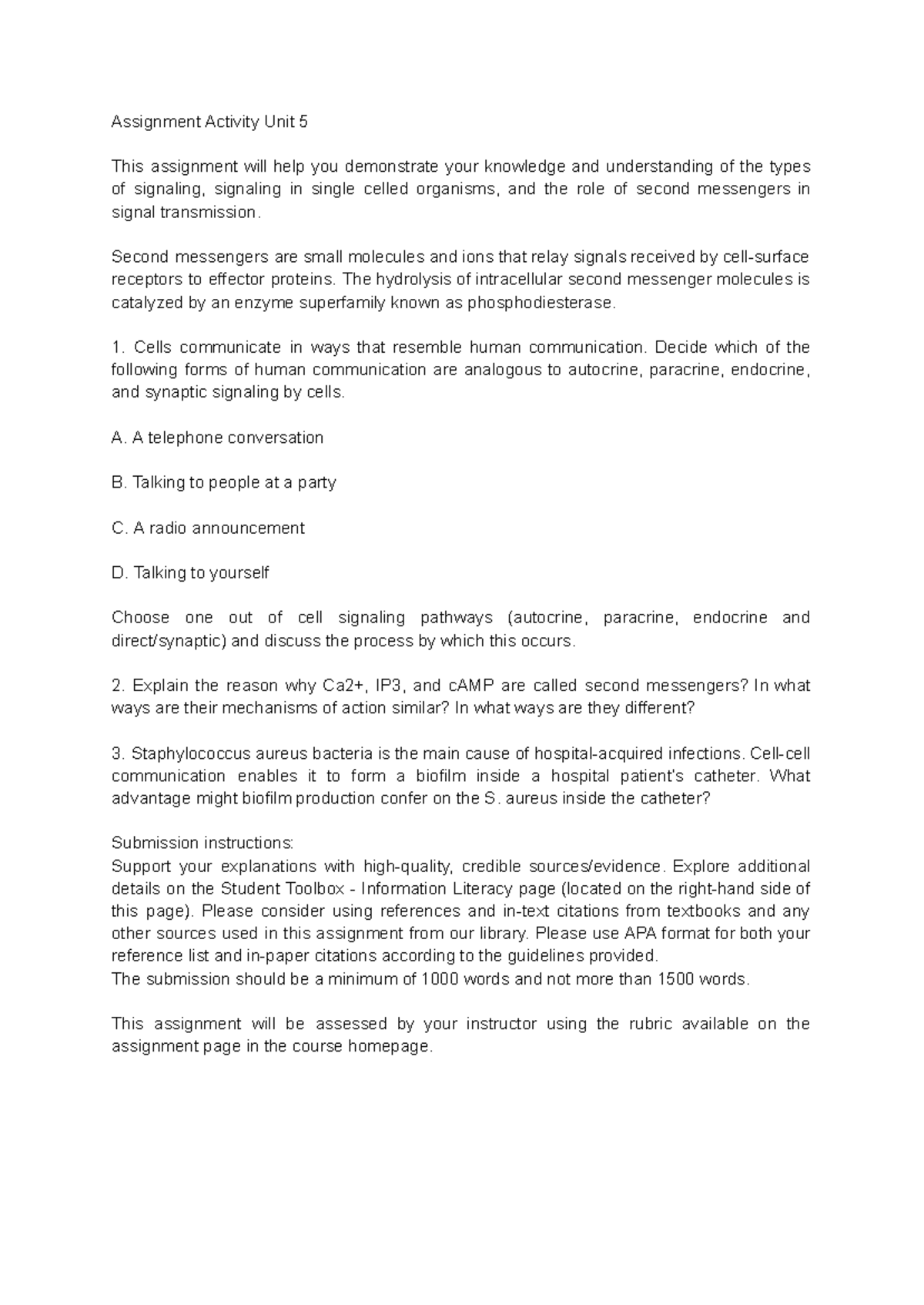 Unit 5 Assignment - Cell Signaling and Second Messengers in BIOL 1121 ...