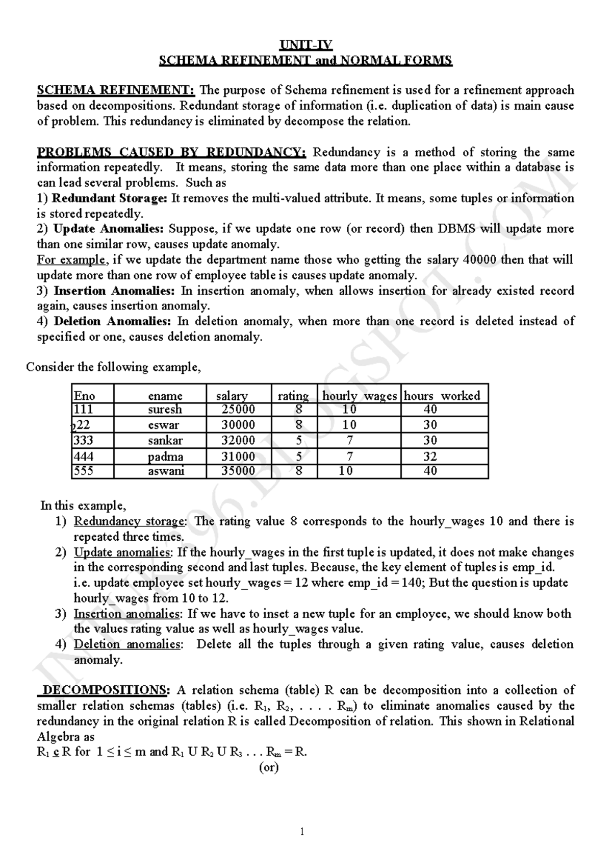 DBMS UNIT 4 - Schema Refinement and Normal Forms Overview - Studocu