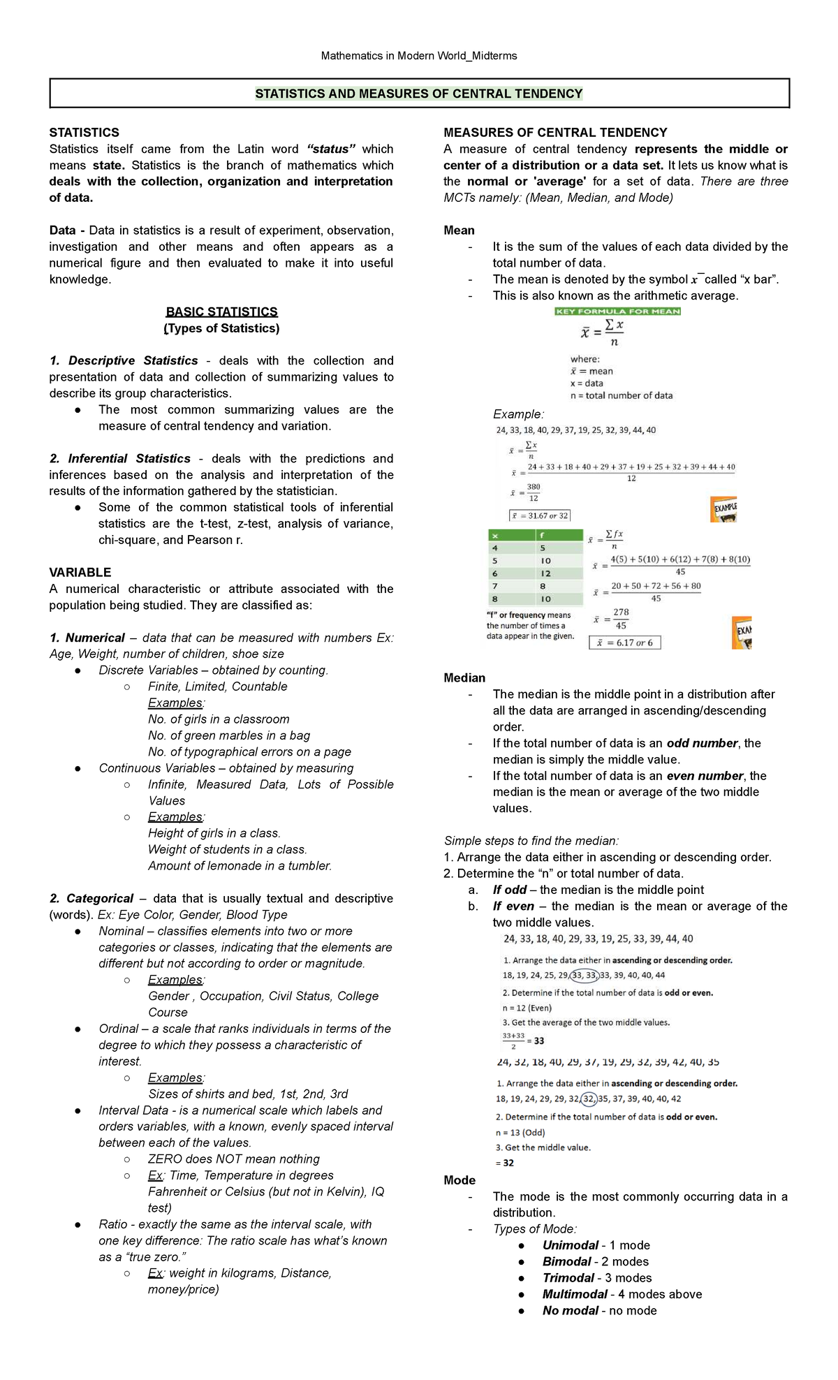 Mathematics in Modern World_Midterm Exam: Statistics & Central Tendency - Studocu