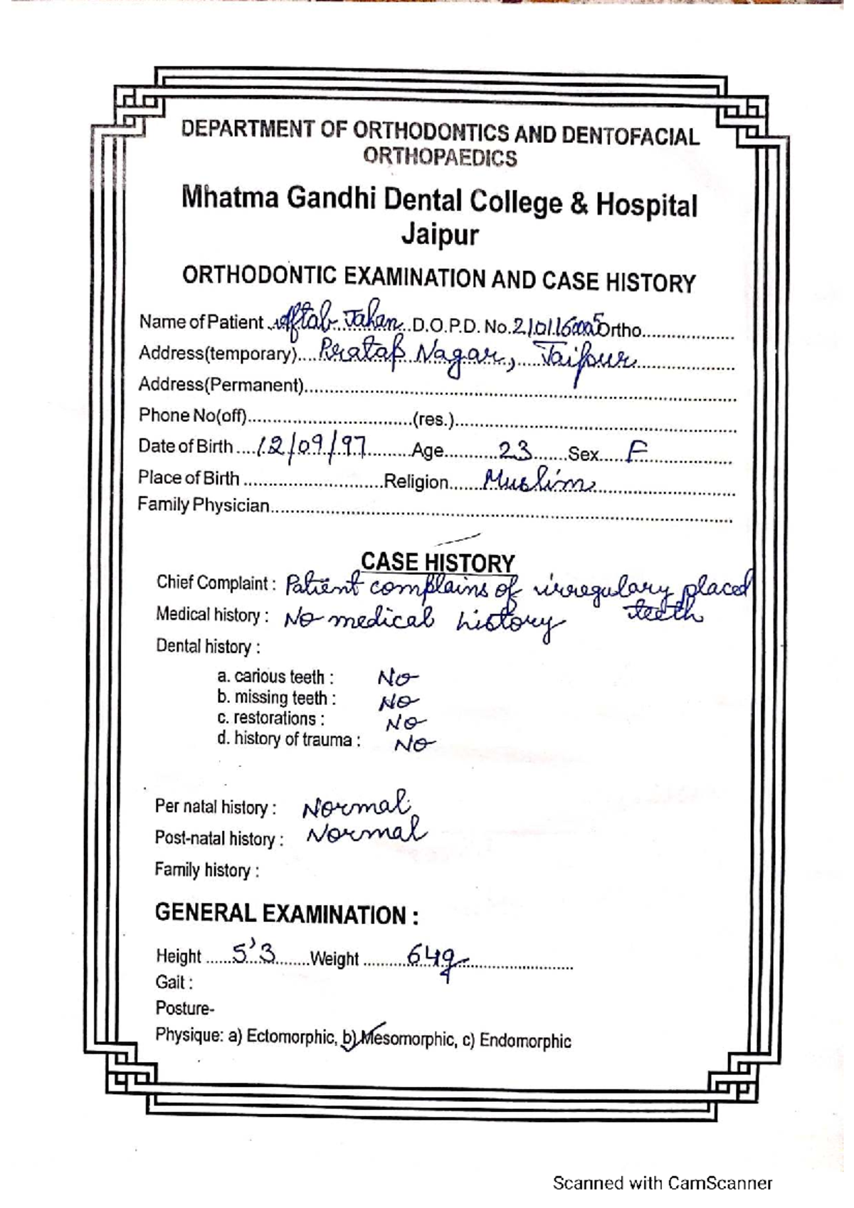Orthodontic Examination & Case History - Ortho File 1 - Studocu