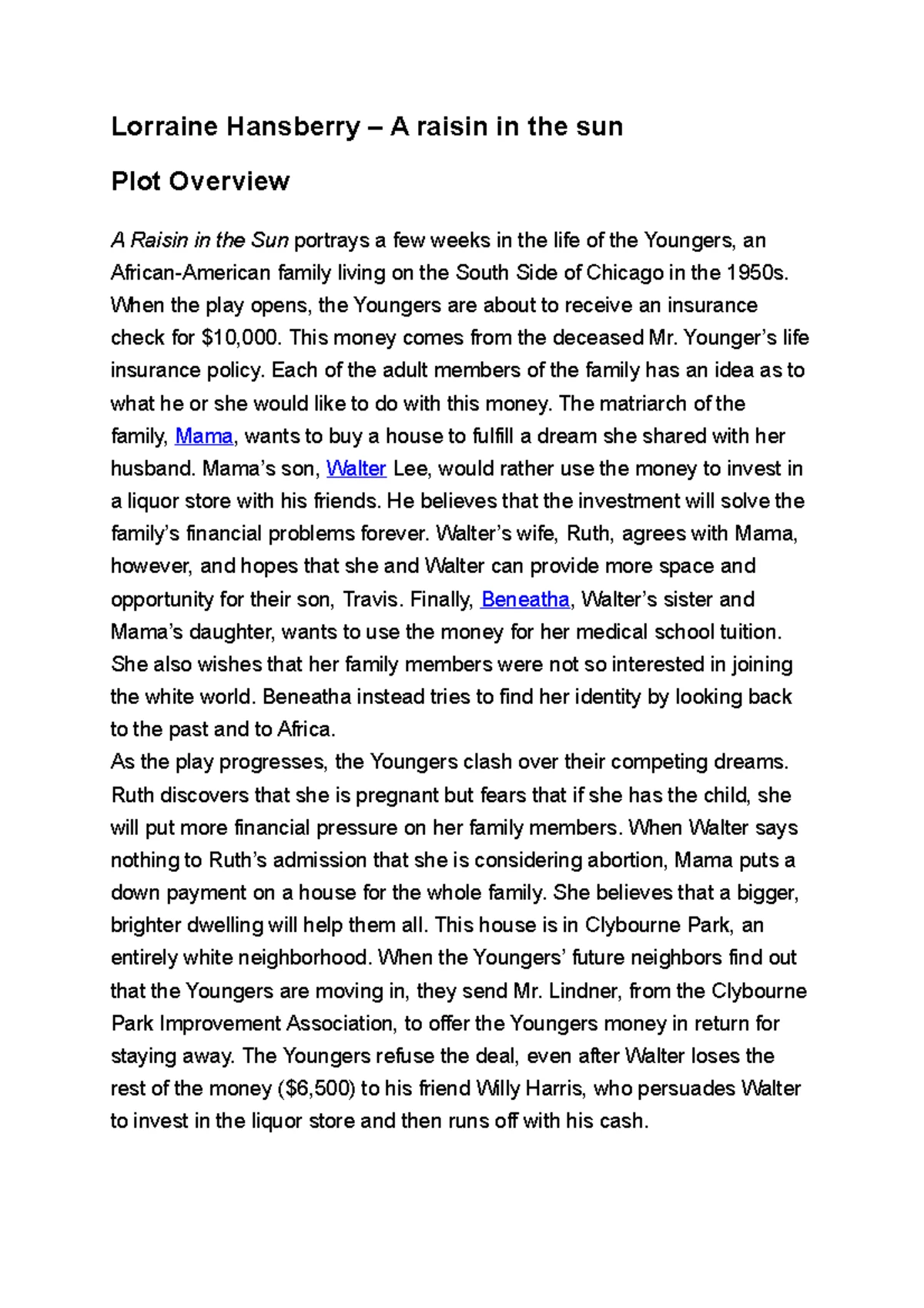 Lorraine Hansberry - A Raisin in the sun - Summary and analysis Act 1 ...