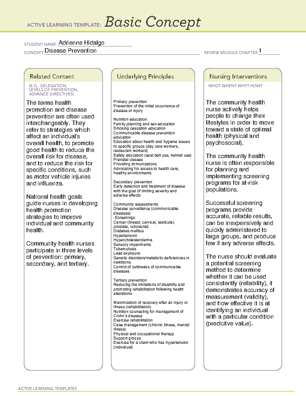 ATI Comm Health Template #2: Active Learning on Disease Prevention ...