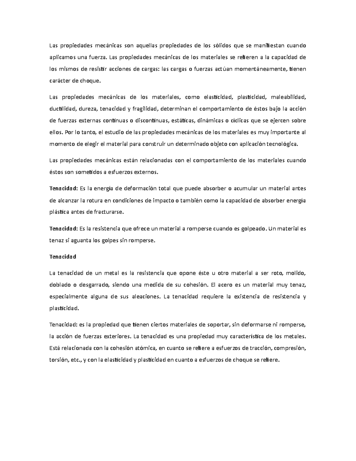 Tenacidad Word1 - Caracteristicas de tenecidad. - Las propiedades ...