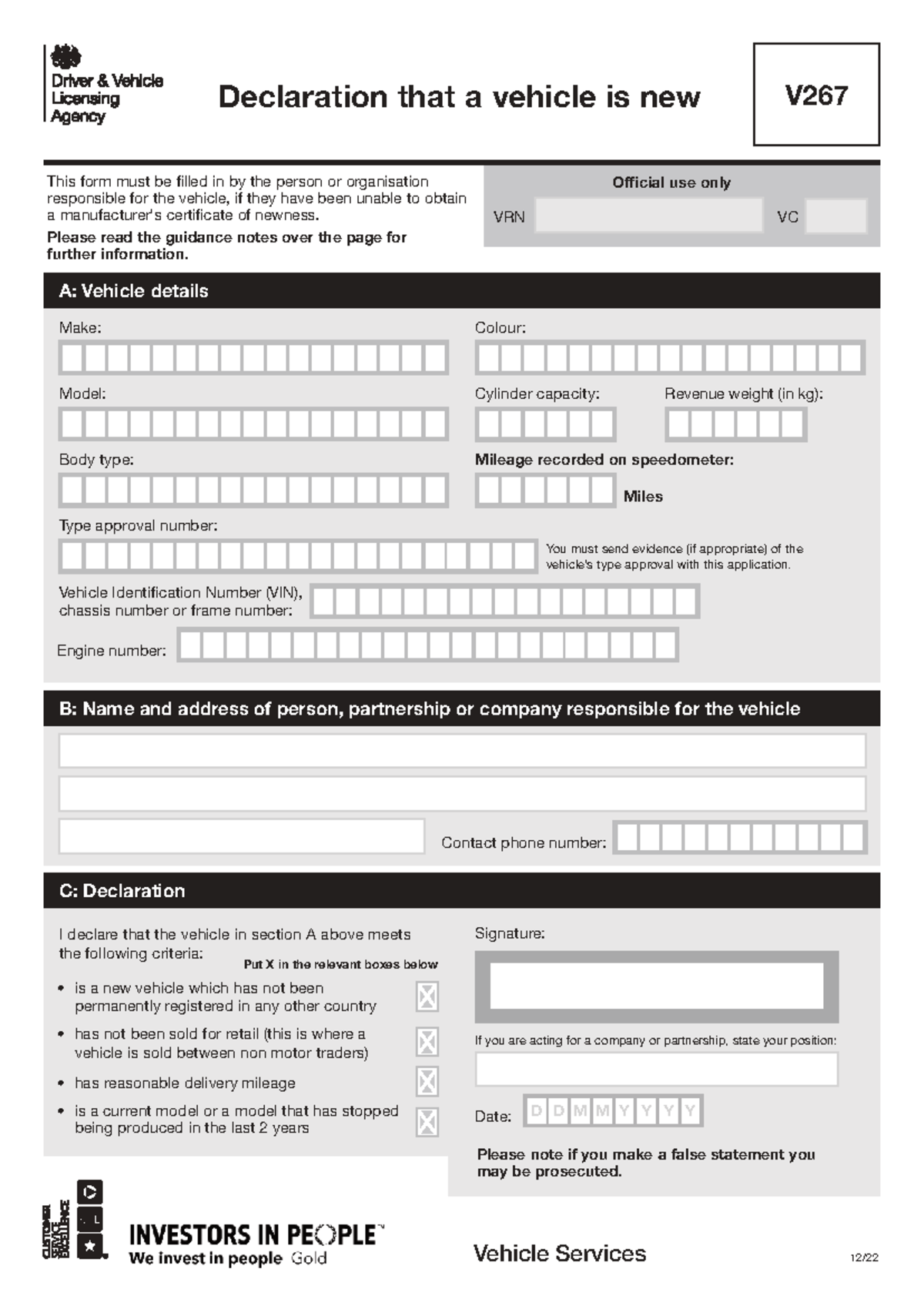 V267 Declaration Form for New Vehicle Certification - Studocu
