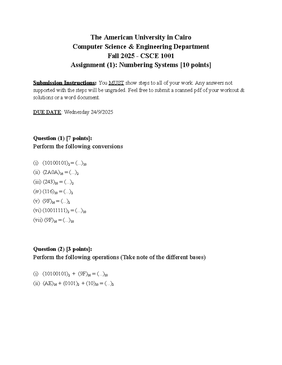 CSCE 1001 Fall 2025 Assignment 1: Numbering Systems Conversions - Studocu