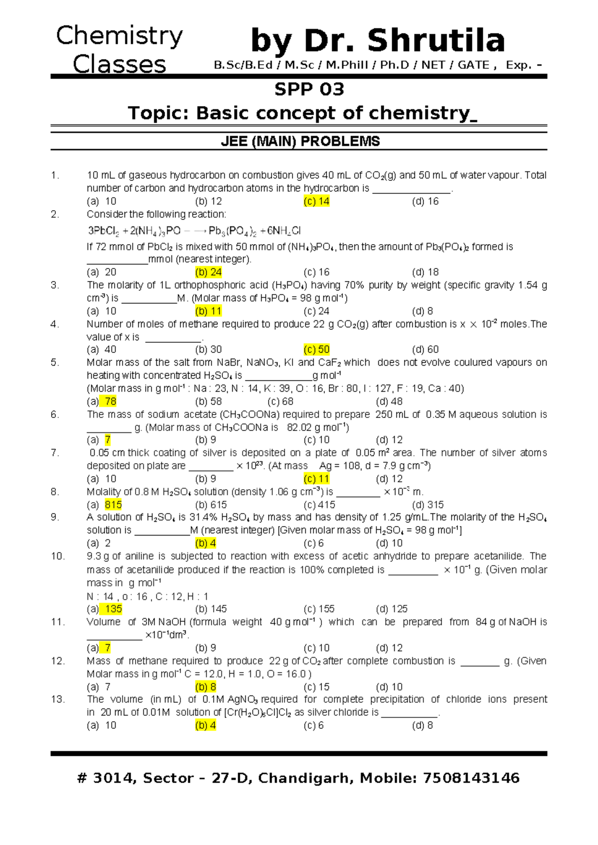 SPP-03 JEE Self Practice Paper: Basic Concepts in Chemistry - Studocu