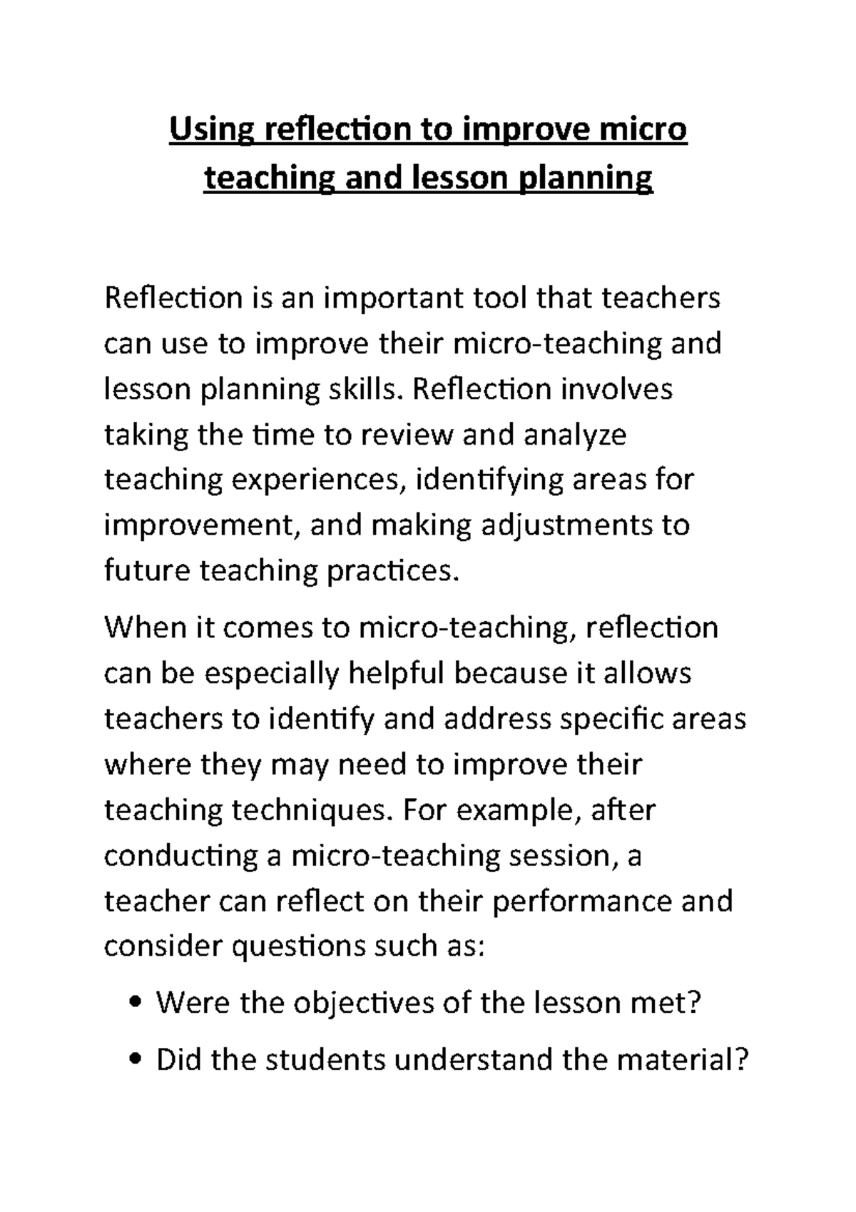 Using Reflection for Micro-Teaching & Lesson Planning Improvement - Studocu