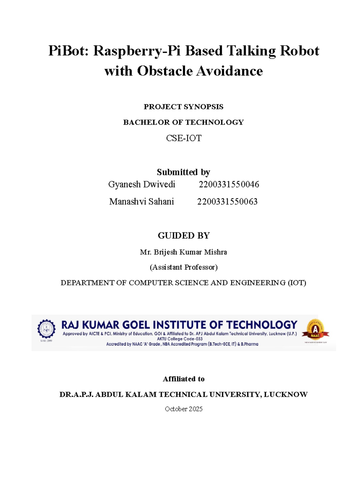 PiBot: Project Synopsis for IoT-Based Talking Robot with Obstacle Avoidance - Studocu