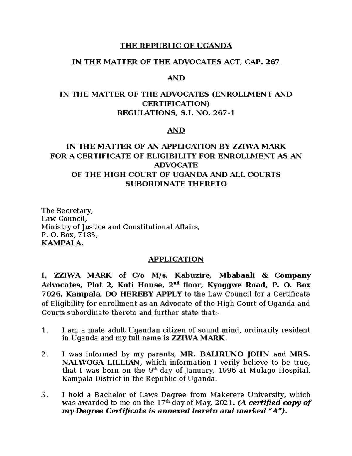 Application for Certificate of Eligibility as Advocate (Advocates Act ...