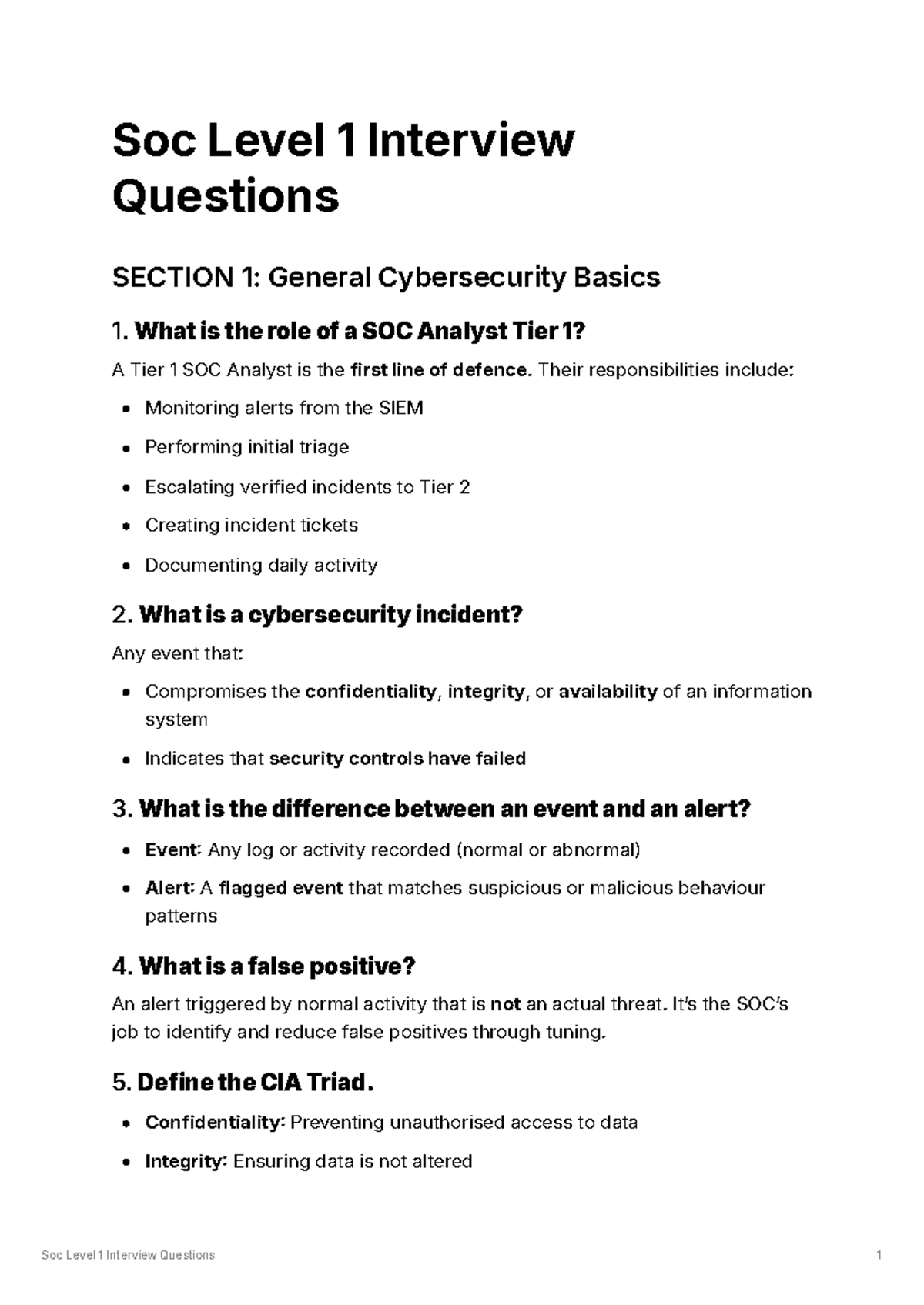 SOC Level 1 Interview Questions & Answers: Cybersecurity Basics - Studocu