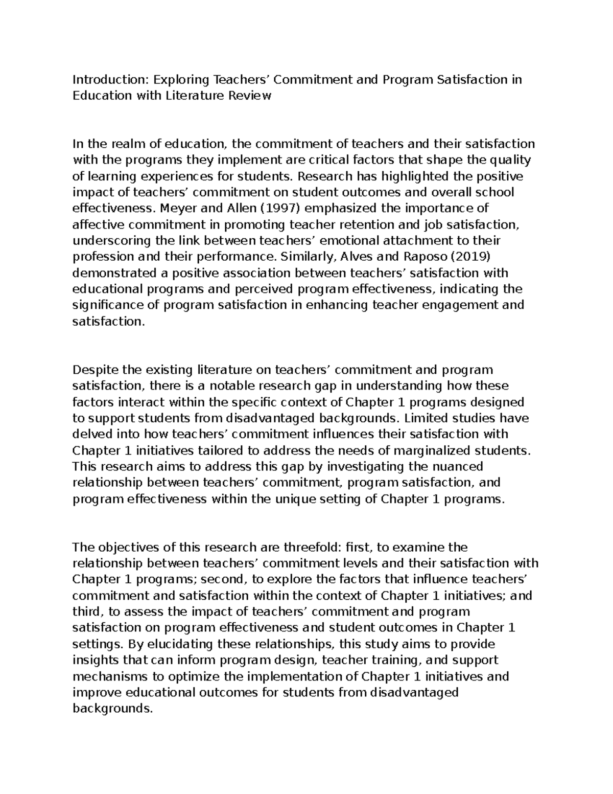 Exploring Teachers' Commitment and Satisfaction in Chapter 1 Programs ...