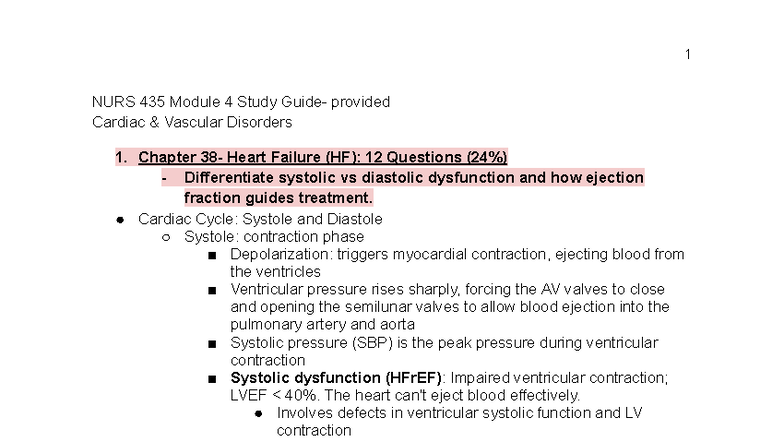 NURS 435 Module 4 Study Guide: Heart Failure & Cardiac Disorders - Studocu
