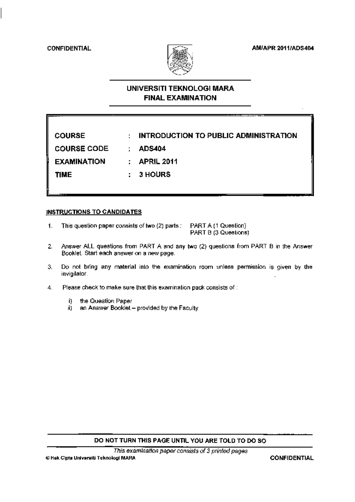 ADS404 (18)final examination paper uitm - CONFIDENTIAL COURSE COURSE ...