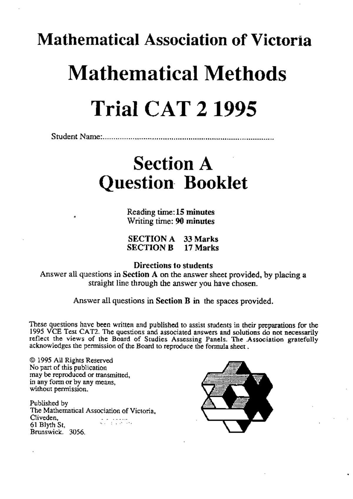 [VCE Methods] 1995 MAV Trial Exam CAT 21995 - Question Booklet - Studocu