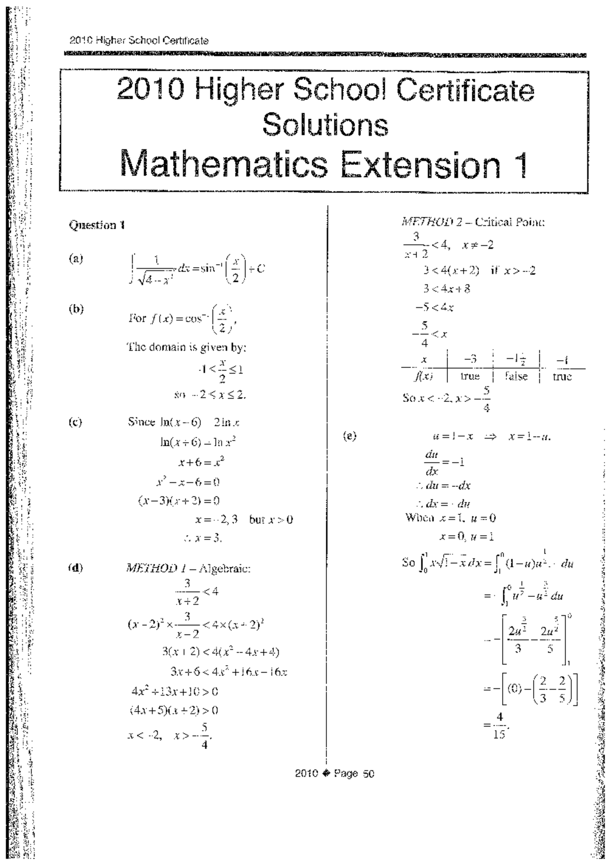 2010 HSC Mathematics Extension 1 Solutions: Comprehensive Guide - Studocu