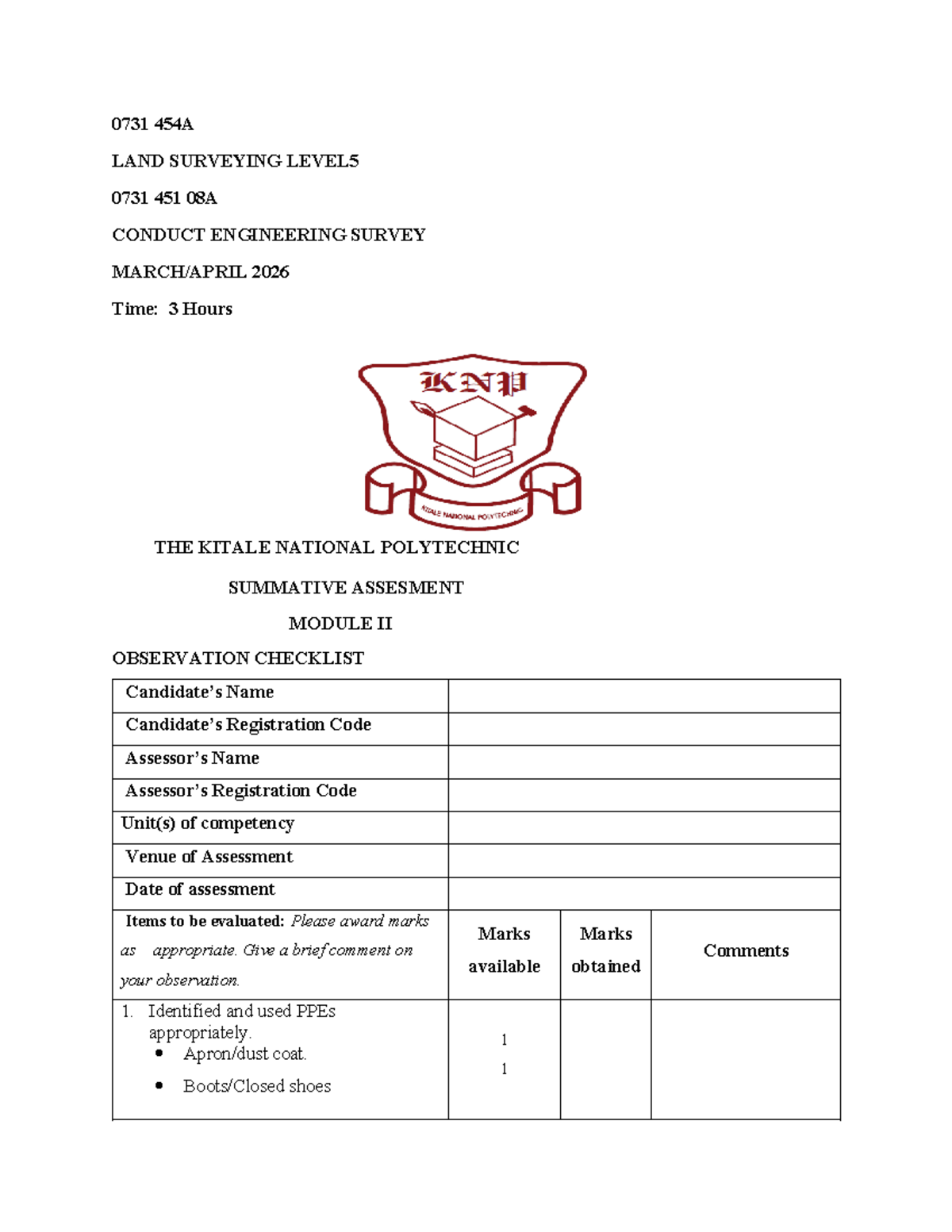 0731 454A Land Surveying Level 5 Observation Checklist 2026 - Studocu