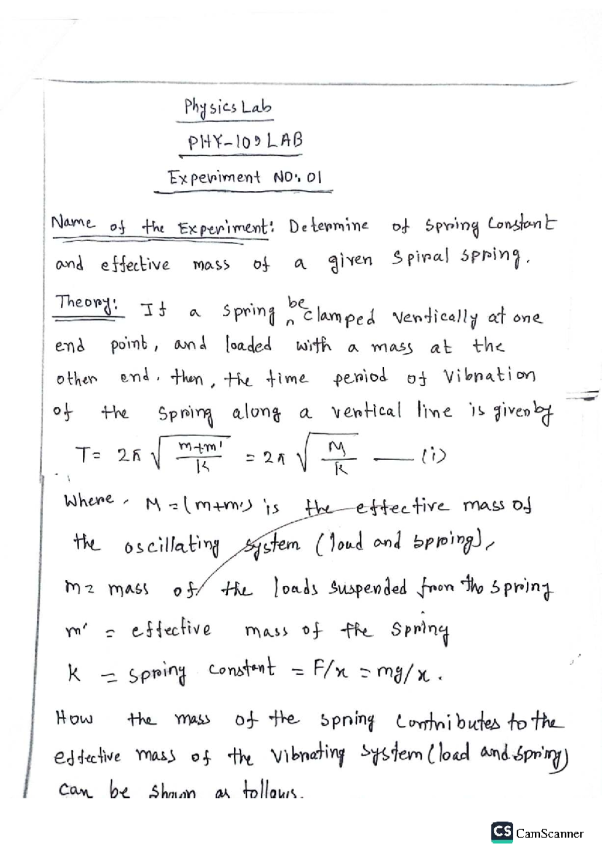 Experiment 01 - PHY 109: Determining Spring Constant & Effective Mass - Studocu
