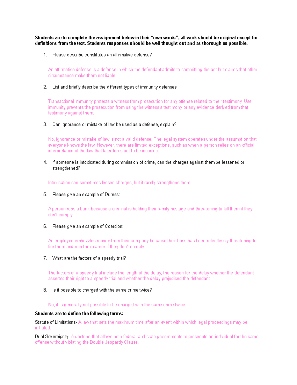 Assignments 3 - Affirmative Defenses and Legal Concepts - Studocu