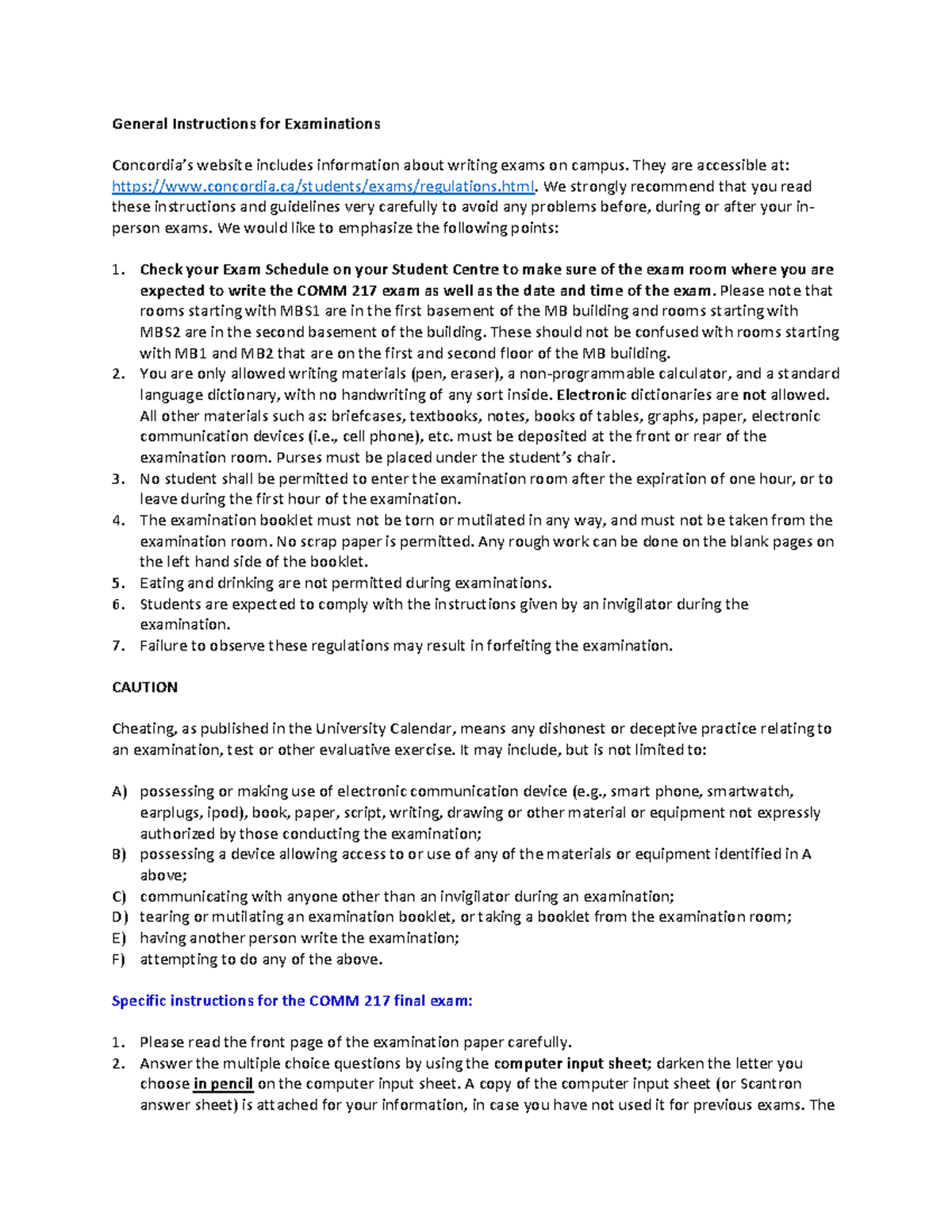 Instructions for examinations - COMM 217 - Concordia - Studocu