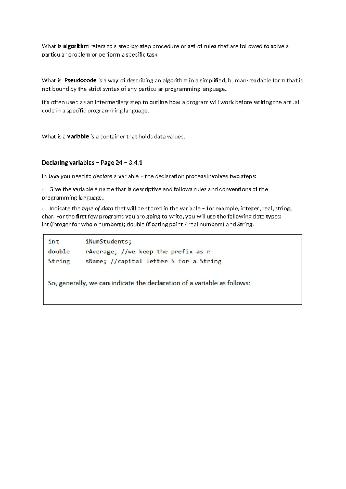 Introduction to Algorithms, Pseudocode, and Variable Declaration in ...