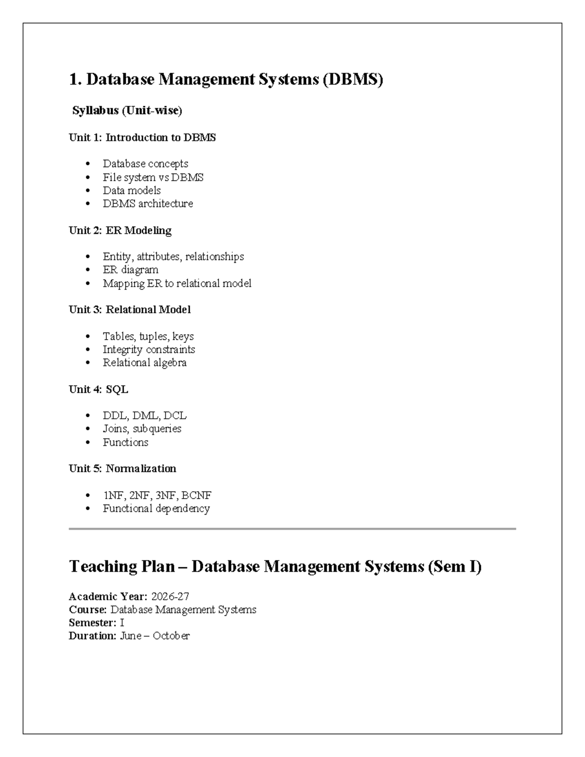 Database Management Systems (DBMS) Syllabus - Sem I Teaching Plan - Studocu