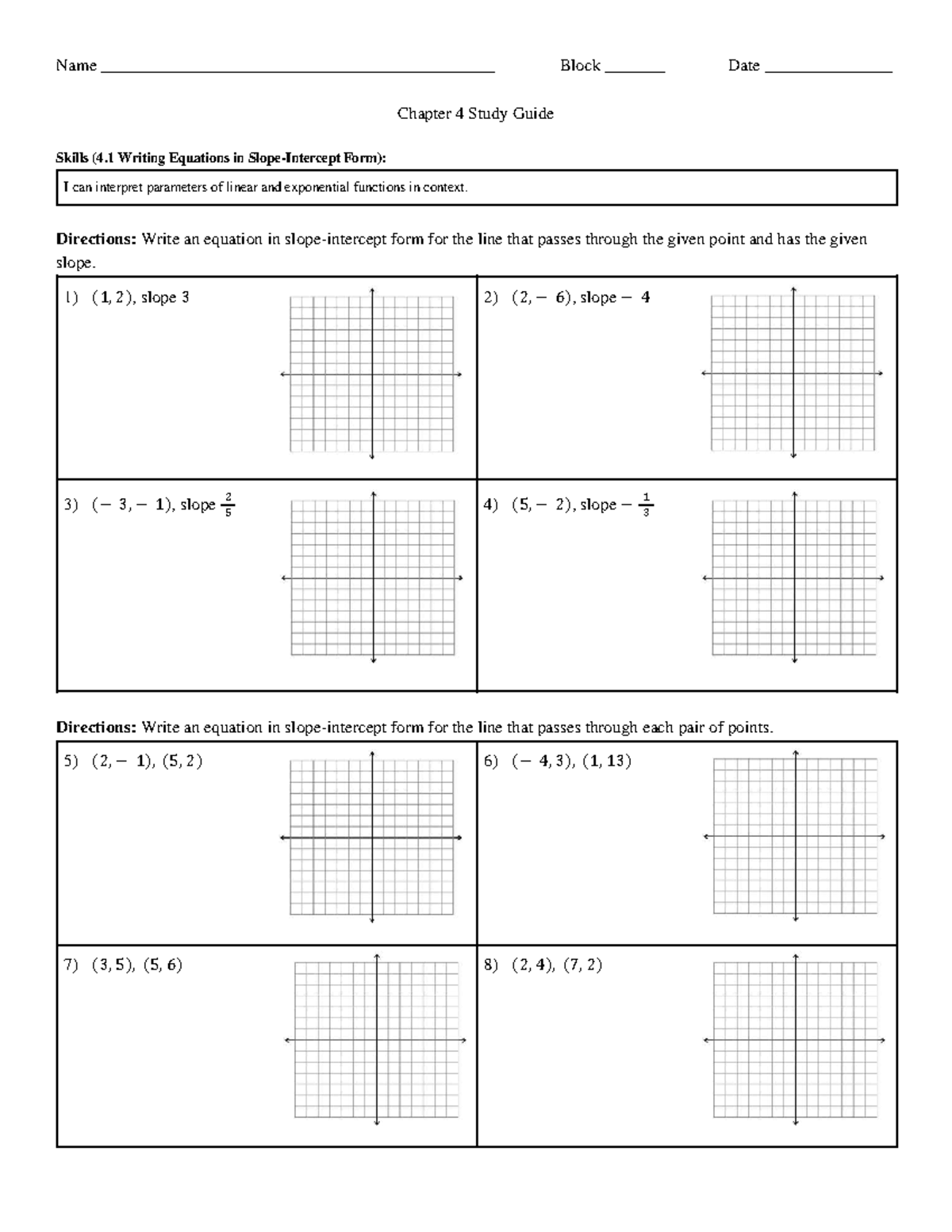 Chapter 4 Study Guide: Writing Linear Equations & Functions (MATH101 ...