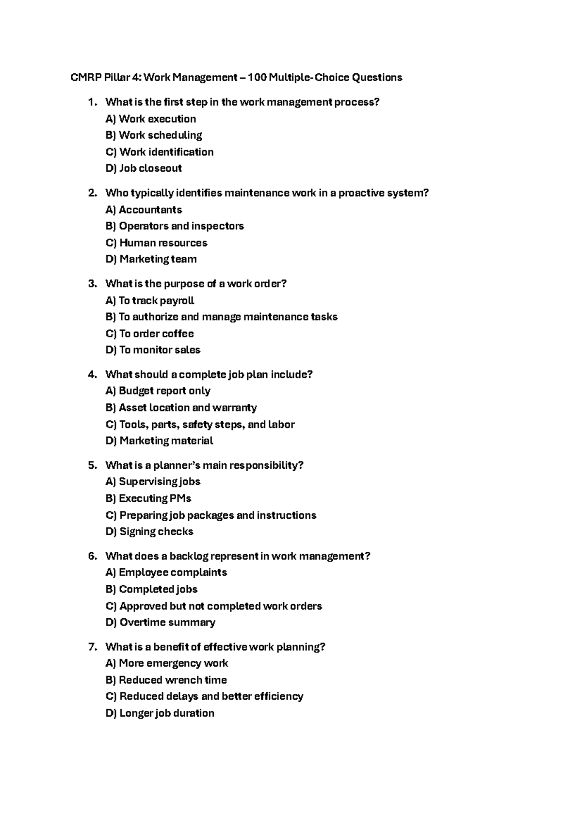 CMRP Pillar 4: Work Management - 100 Essential Questions - Studocu