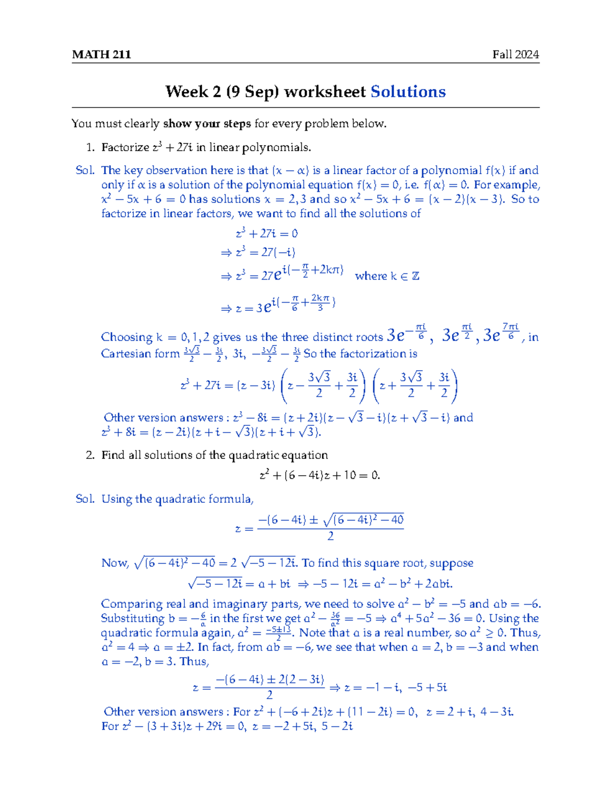 Fall 2024 MATH 211 Week 2 Worksheet Solutions and Steps - Studocu